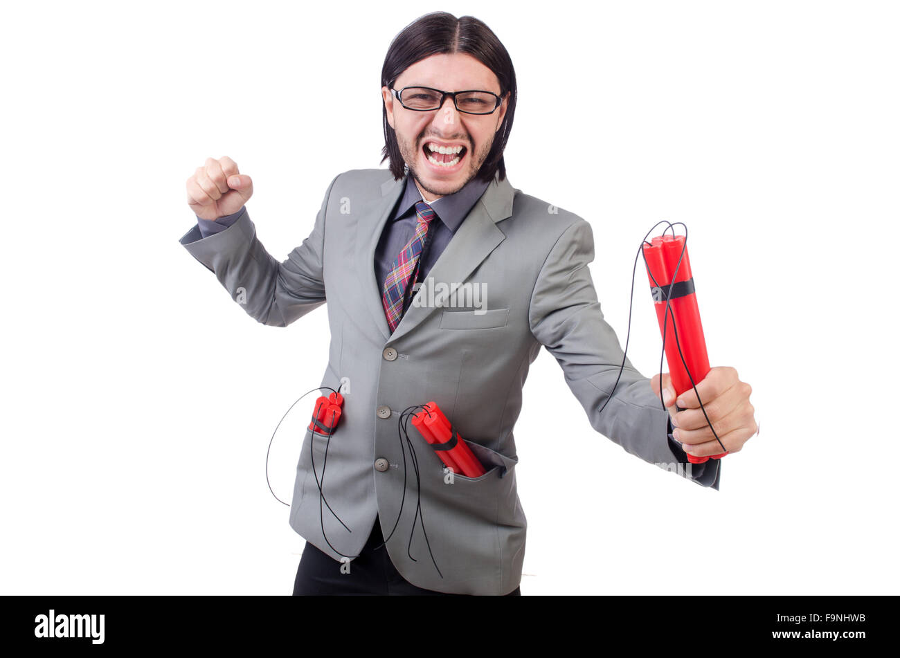 Young businessman holding dynamite isolated on white Stock Photo - Alamy