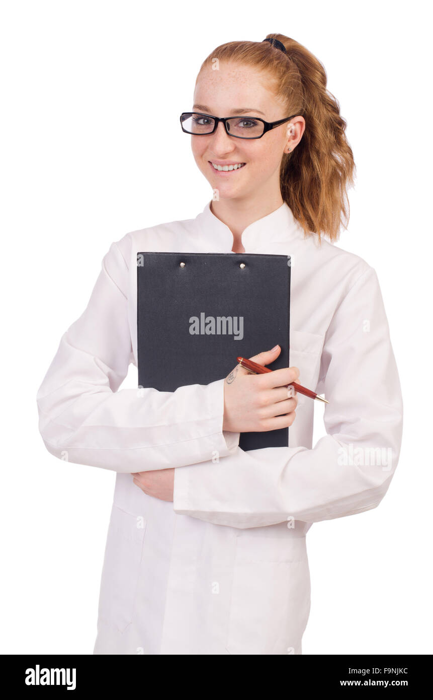 Pretty female doctor holding diary isolated on white Stock Photo - Alamy