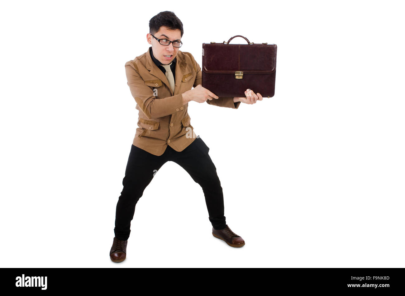 Young man with brown briefcase isolated on white Stock Photo - Alamy