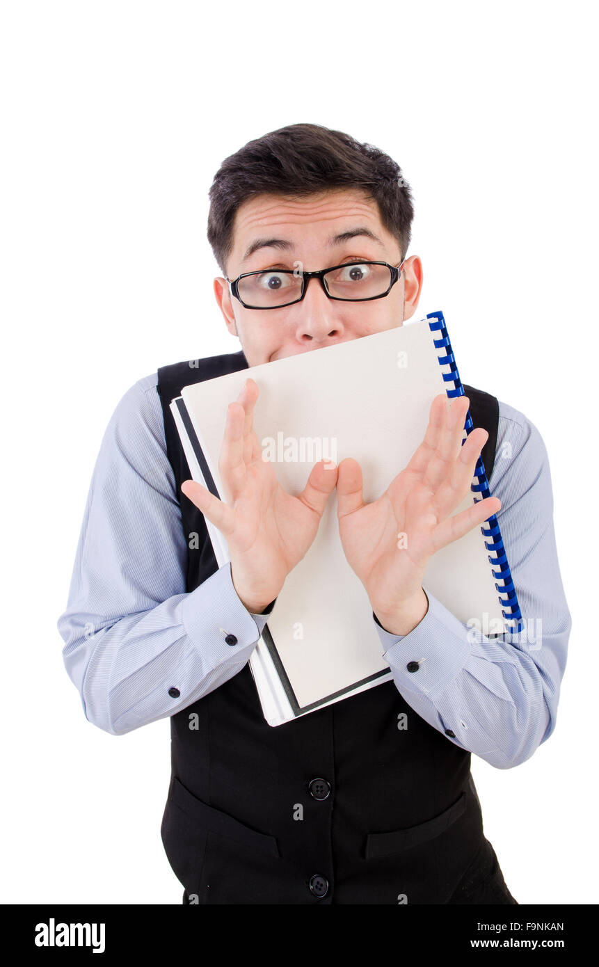 Young employee with paper isolated on white Stock Photo - Alamy