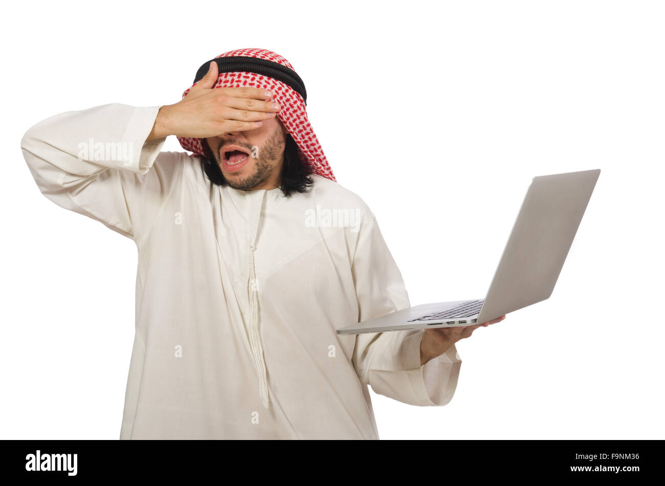Arab man with laptop isolated on white Stock Photo - Alamy