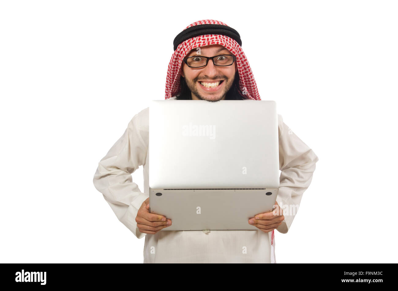 Arab man with laptop isolated on white Stock Photo - Alamy