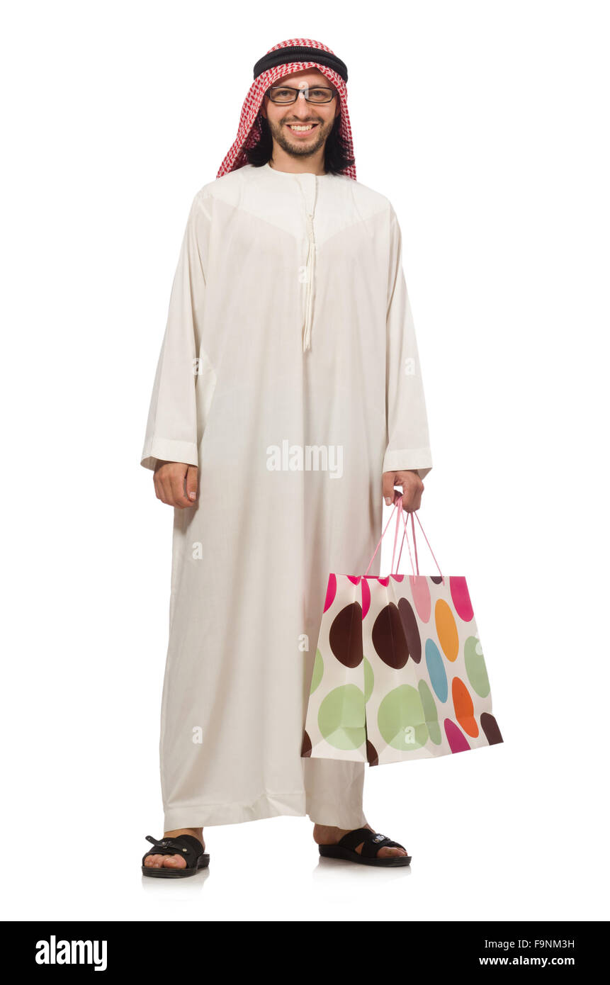 Arab man with shopping bags on white Stock Photo - Alamy