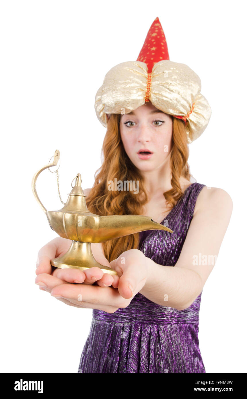 Pretty girl holding magic lamp isolated on white Stock Photo - Alamy
