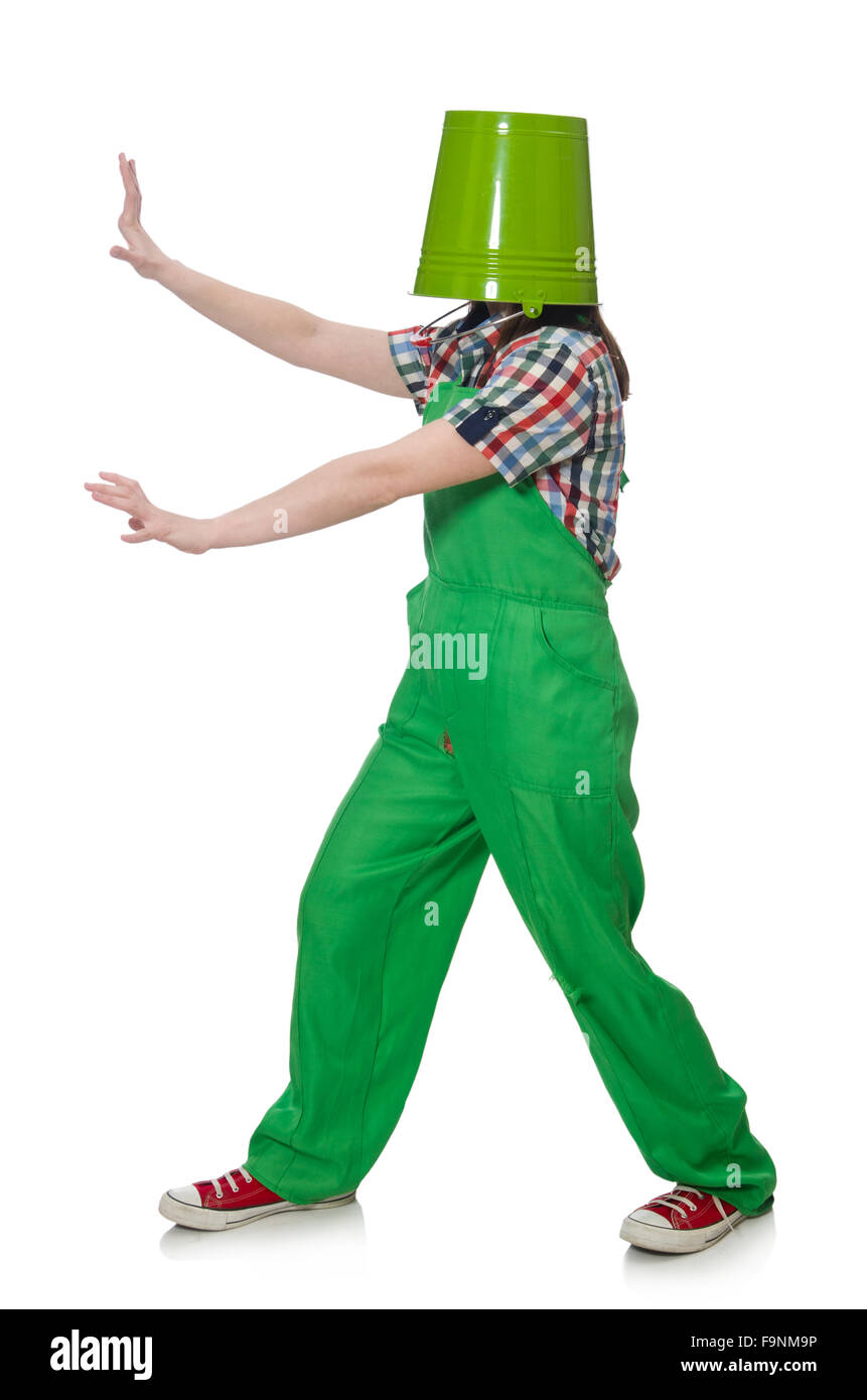 Female worker with bucket on her head isolated on white Stock Photo - Alamy
