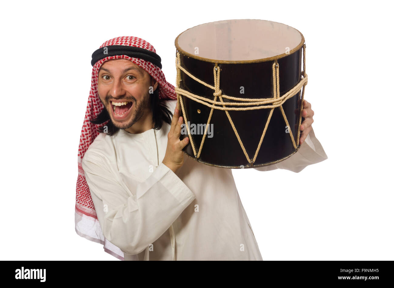 Arab man playing drum isolated on white Stock Photo - Alamy