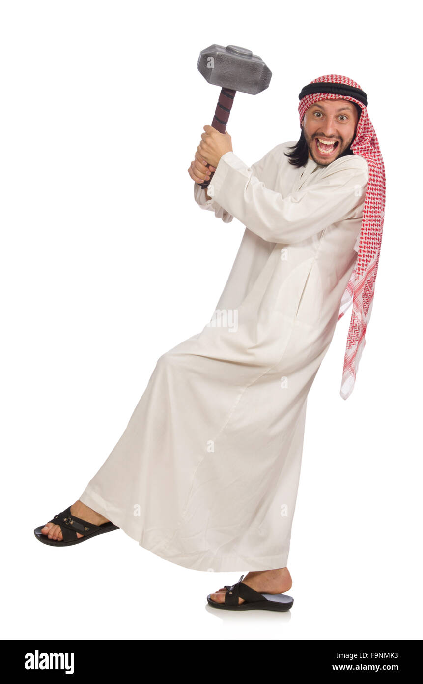 Angry arab man with hammer isolated on white Stock Photo - Alamy