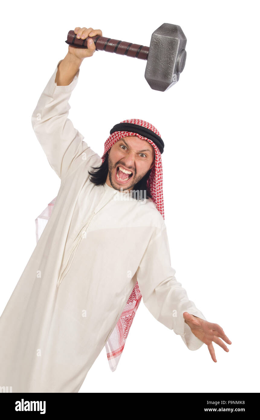 Angry arab man with hammer isolated on white Stock Photo - Alamy