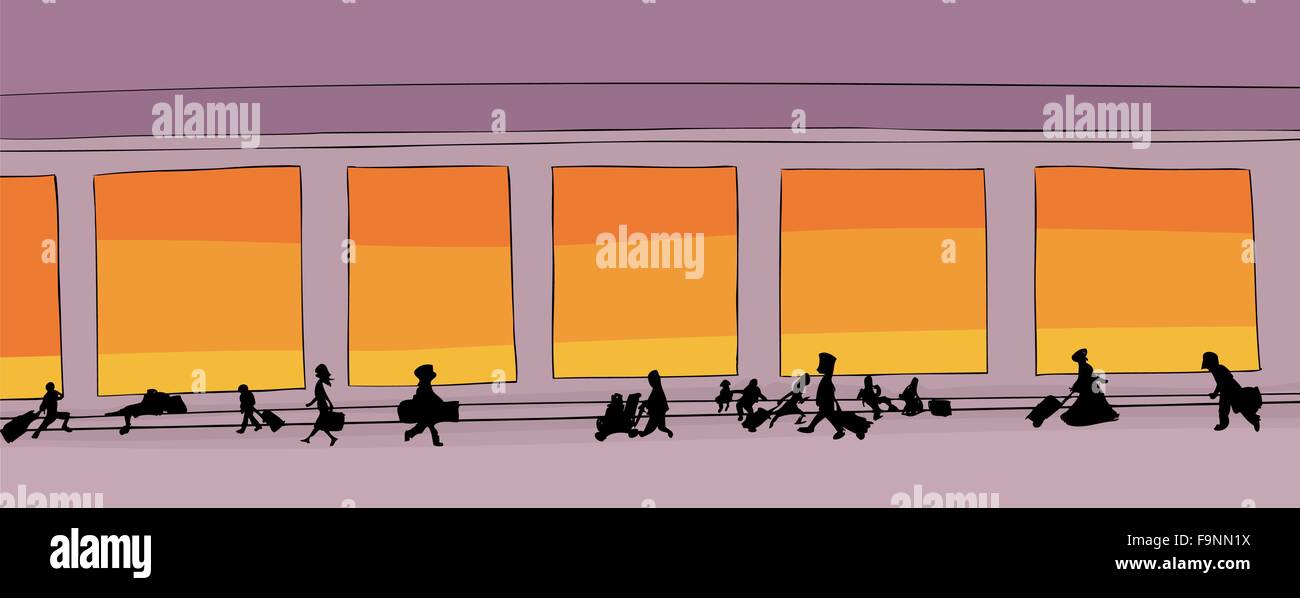 Cartoon drawing of travelers walking through hallway Stock Vector Image ...