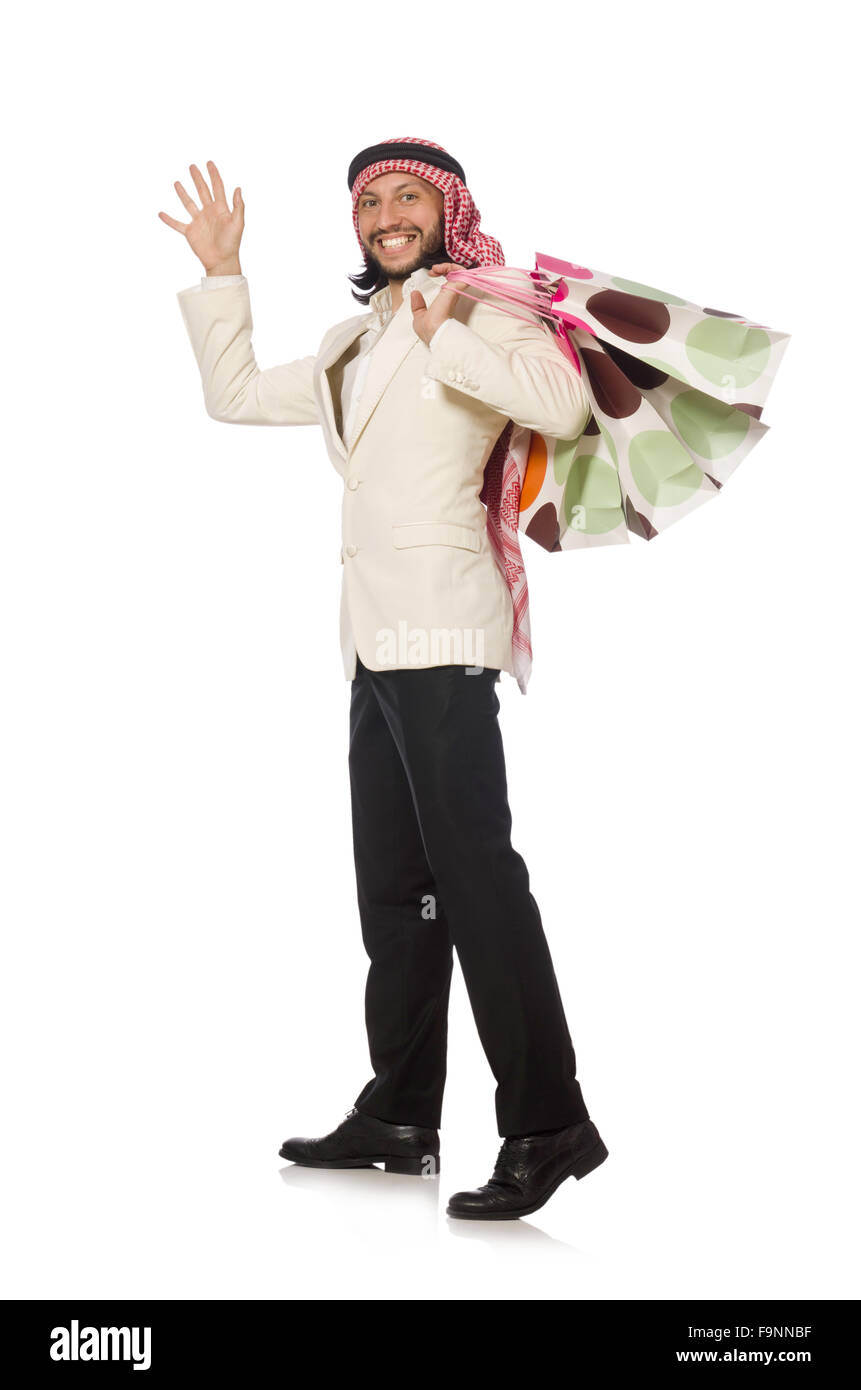 Arab man with shopping bags on white Stock Photo - Alamy