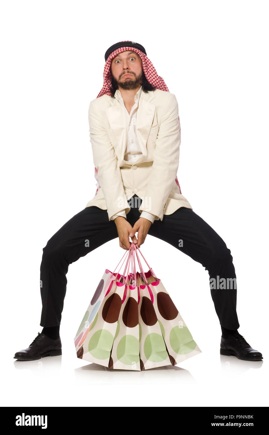 Arab man with shopping bags on white Stock Photo - Alamy