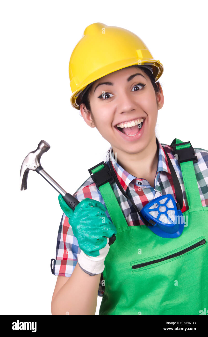 Female worker with hammer isolated on white Stock Photo - Alamy