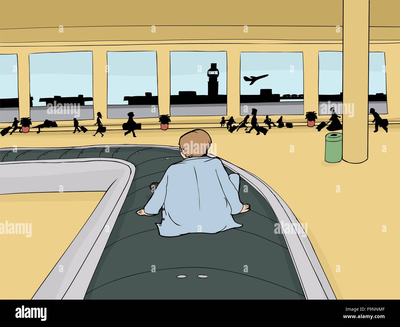 Back of man sitting on baggage claim carousel inside airport Stock ...