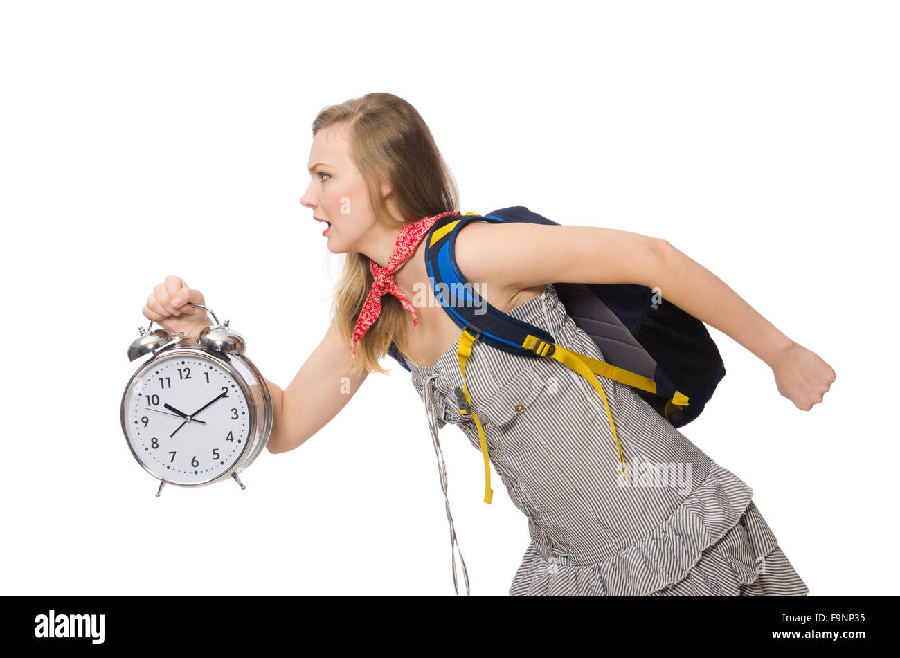 Woman student missing deadlines isolated on white Stock Photo - Alamy