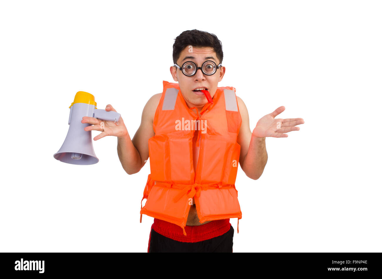 Funny man wearing vest with loudspeaker Stock Photo - Alamy
