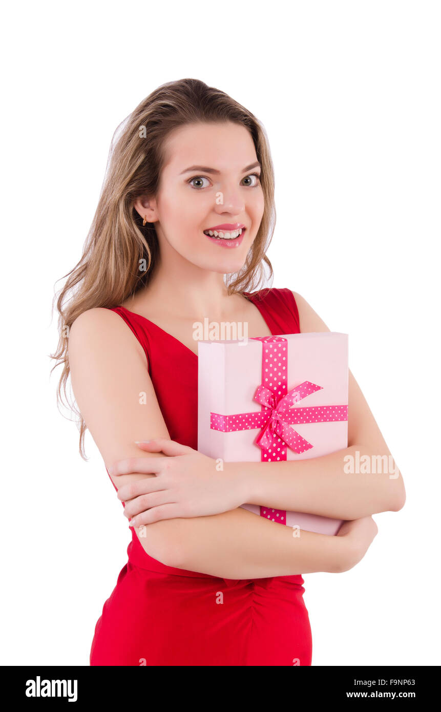Pretty girl holding gift box isolated on white Stock Photo - Alamy