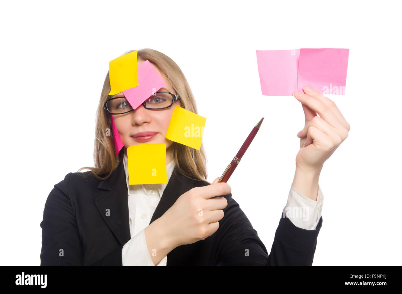Woman with reminders isolated on white Stock Photo - Alamy