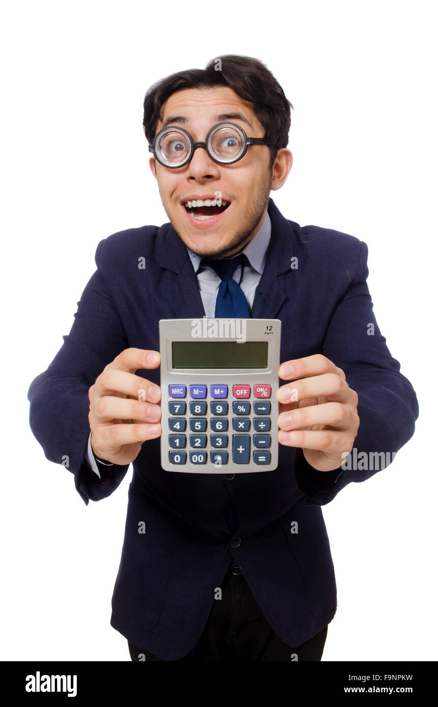 Funny man with calculator isolated on white Stock Photo - Alamy