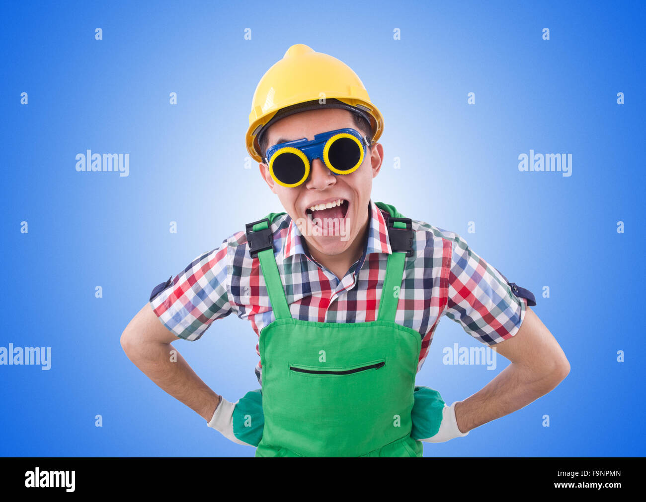 Funny construction worker isolated on white Stock Photo - Alamy
