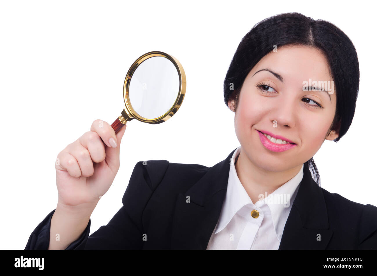 Business woman holding magnifying glass isolated on white Stock Photo ...
