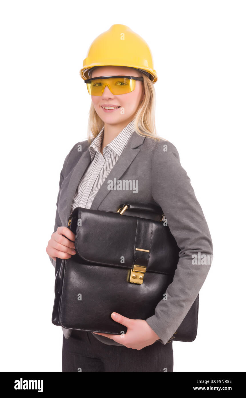 Female engineer in helmet and briefcase isolated on white Stock Photo ...