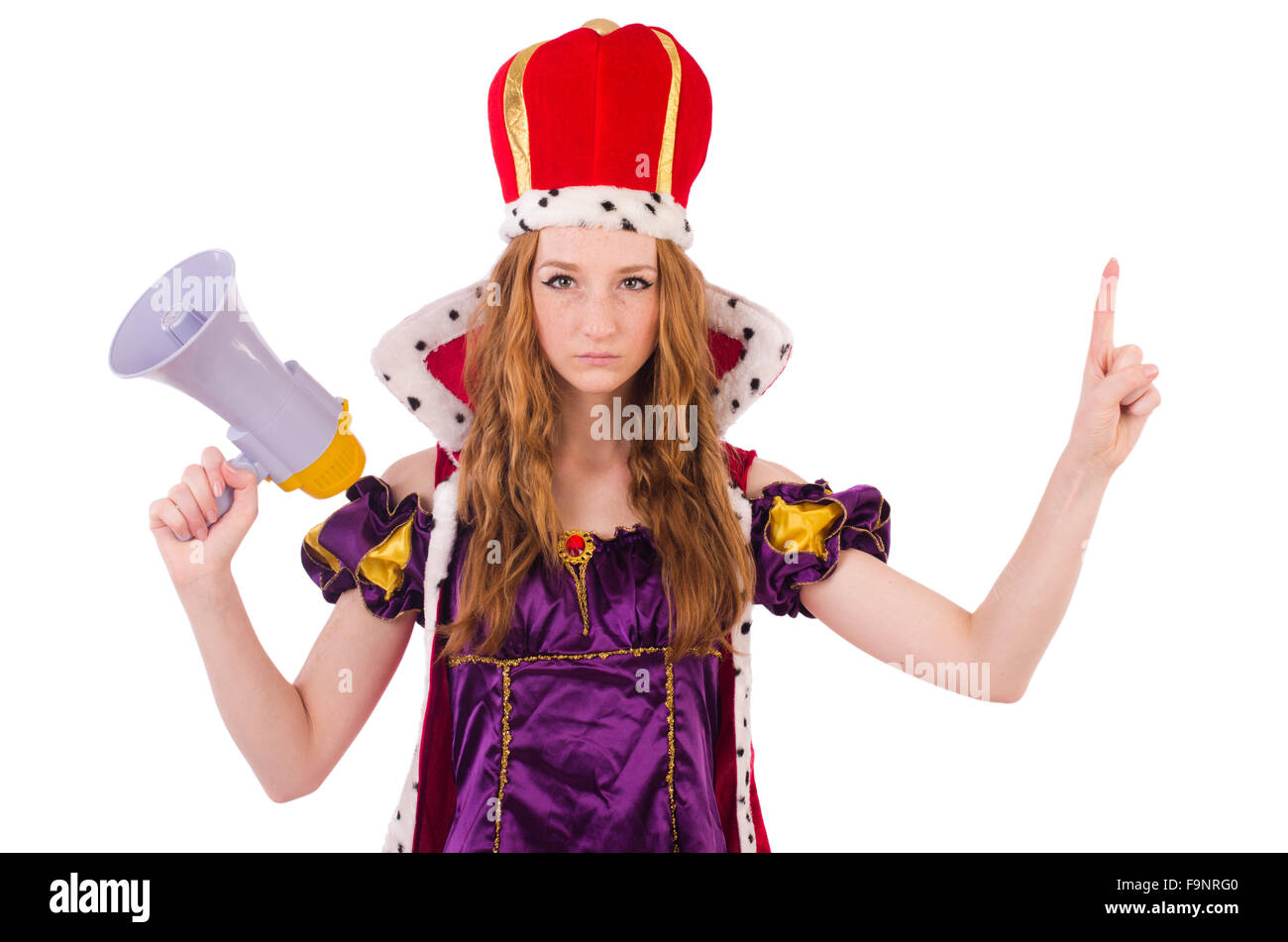 Pretty young queen with megaphone isolated on white Stock Photo - Alamy