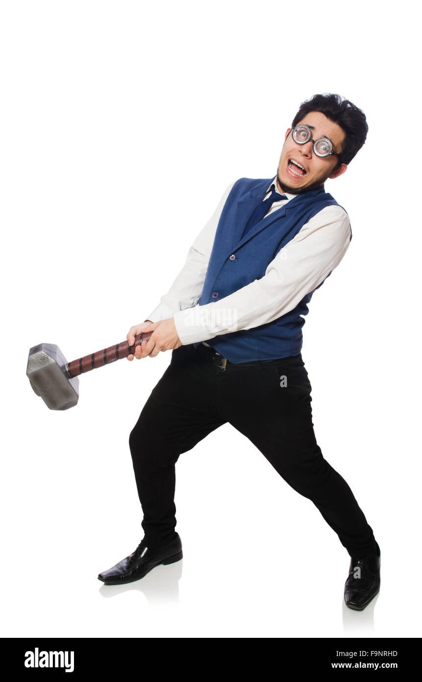 Young man holding hammer isolated on white Stock Photo - Alamy