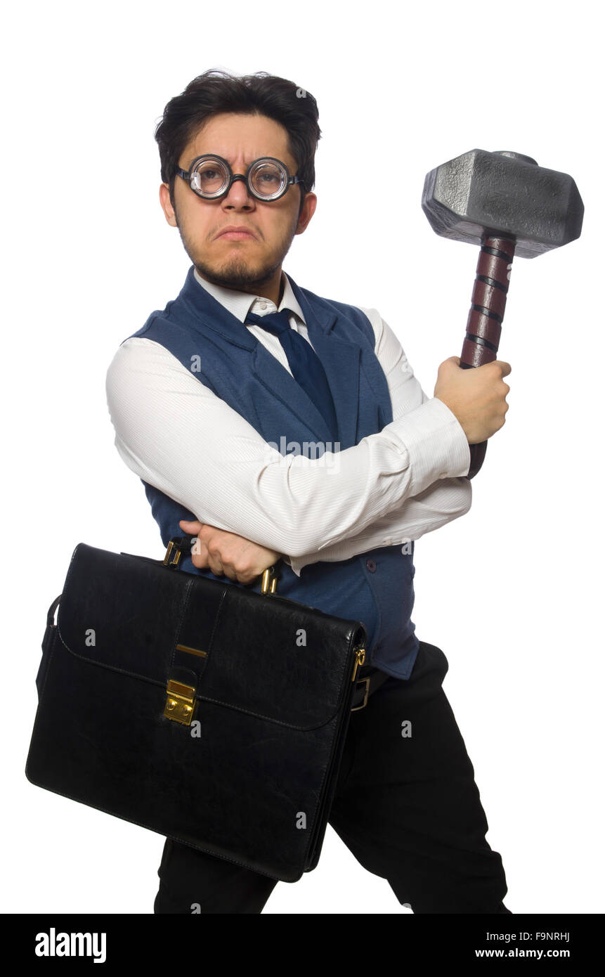 Young man holding hammer isolated on white Stock Photo - Alamy