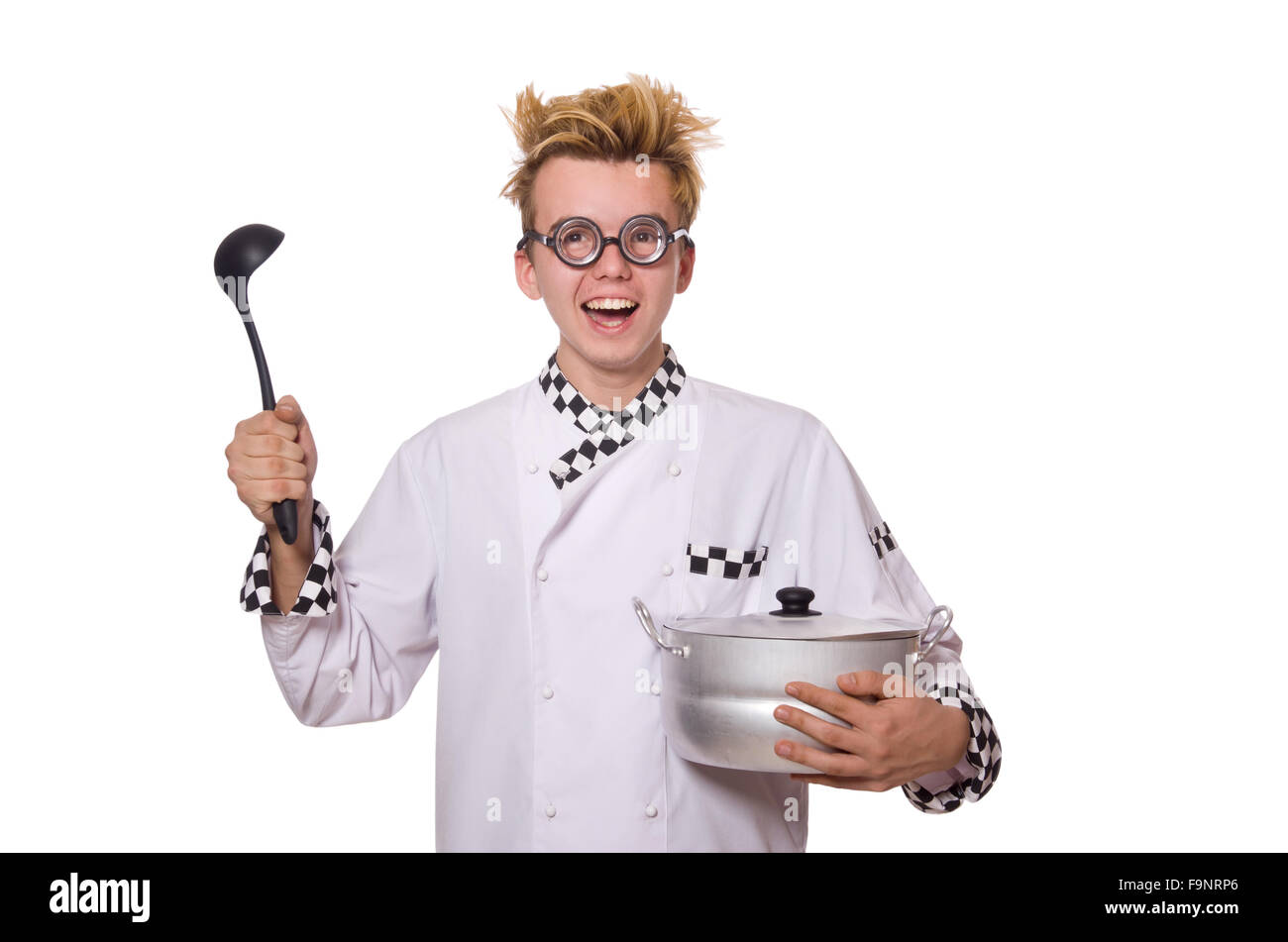 Funny chef holding pan and spoon isolated on white Stock Photo - Alamy