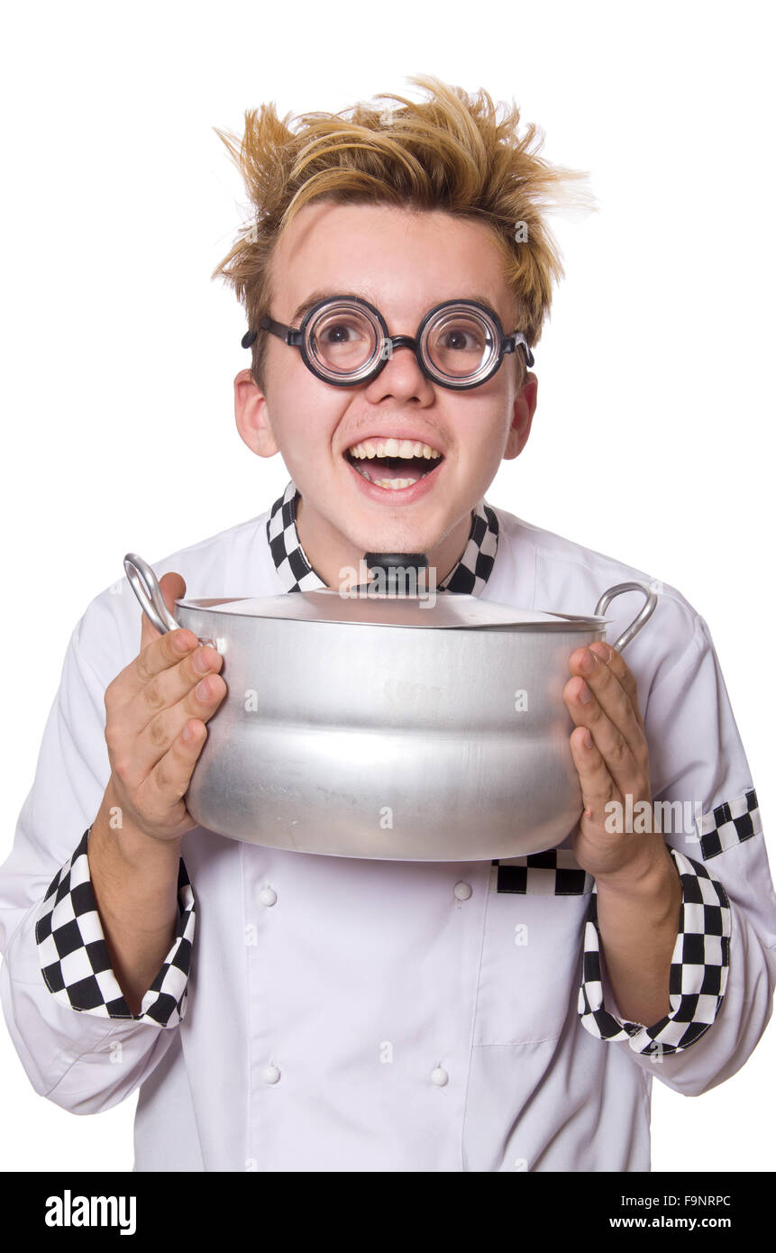 Funny chef holding pan isolated on white Stock Photo - Alamy