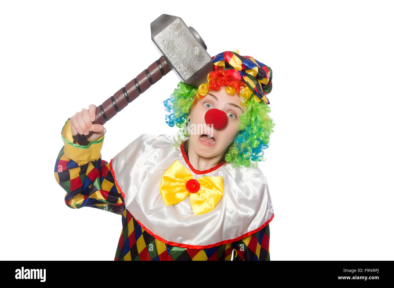 Clown with hammer isolated on white Stock Photo - Alamy