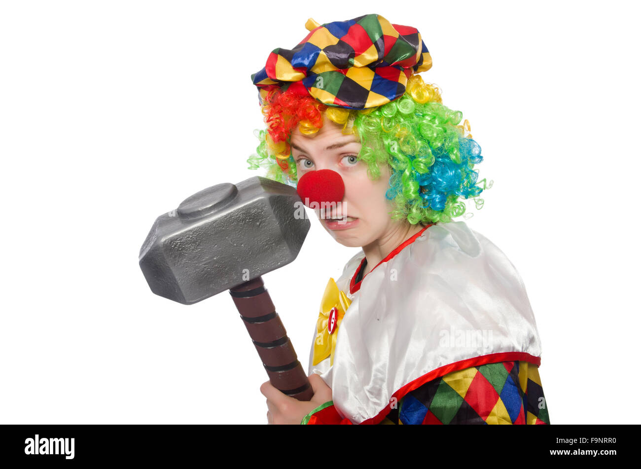 Clown with hammer isolated on white Stock Photo - Alamy