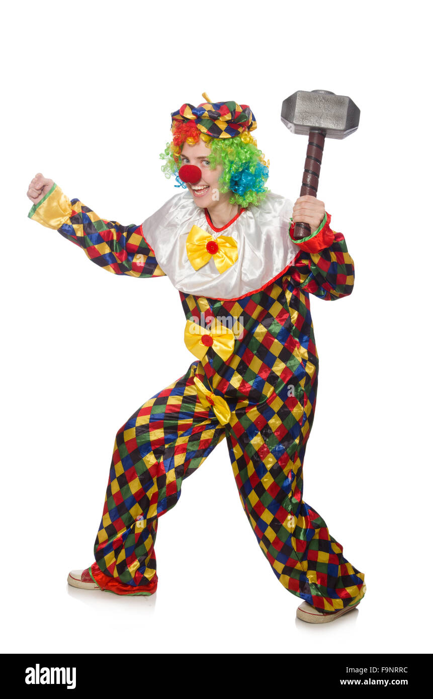 Clown with hammer isolated on white Stock Photo - Alamy