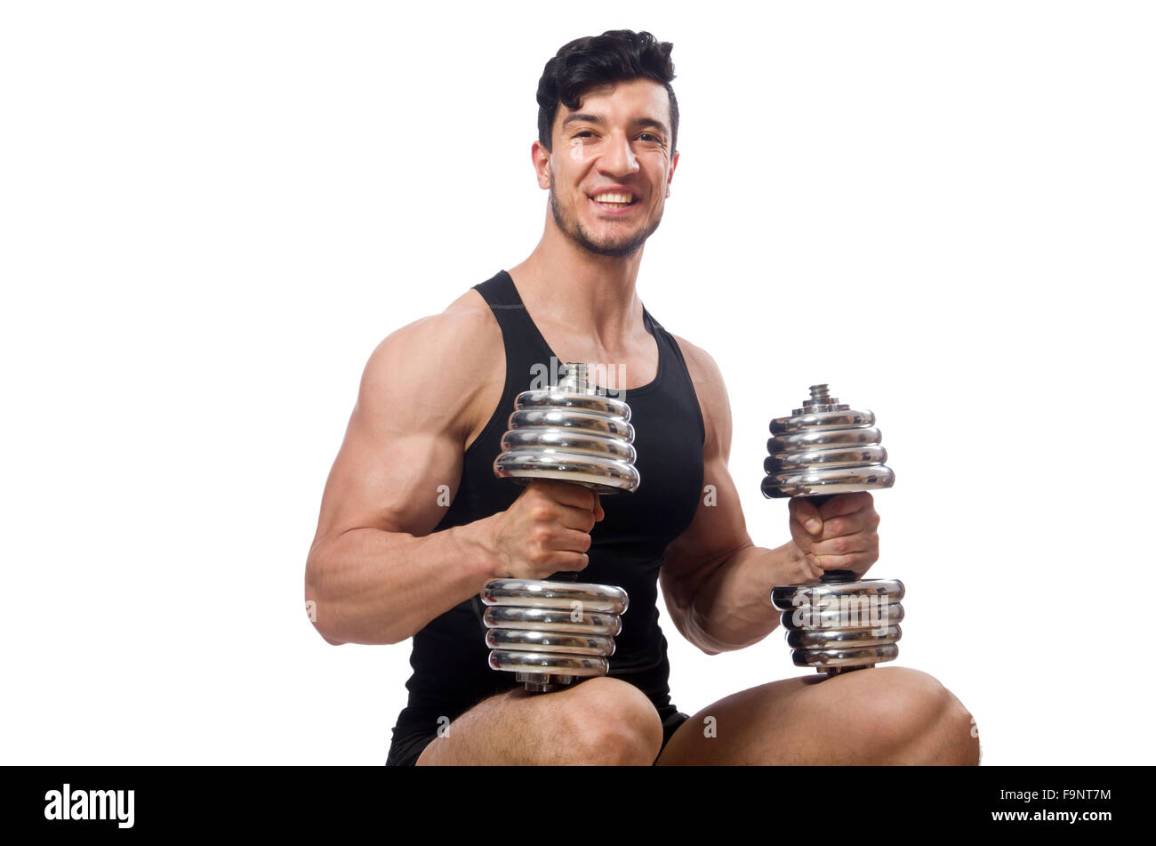 Man with dumbbells isolated on white Stock Photo - Alamy