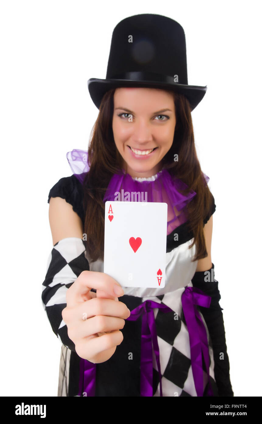 Pretty girl in jester costume isolated on white Stock Photo - Alamy