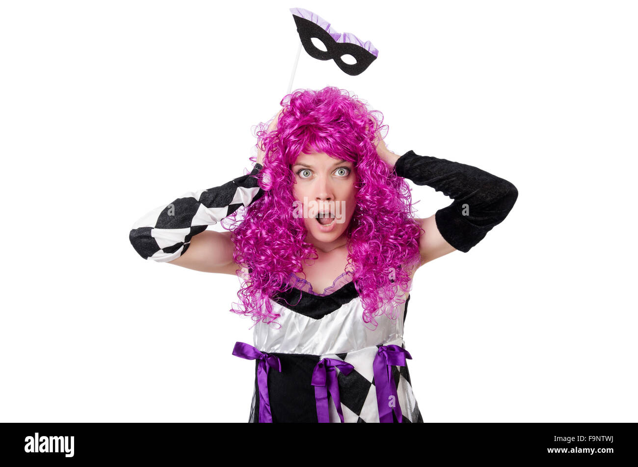 Pretty girl in jester costume isolated on white Stock Photo - Alamy