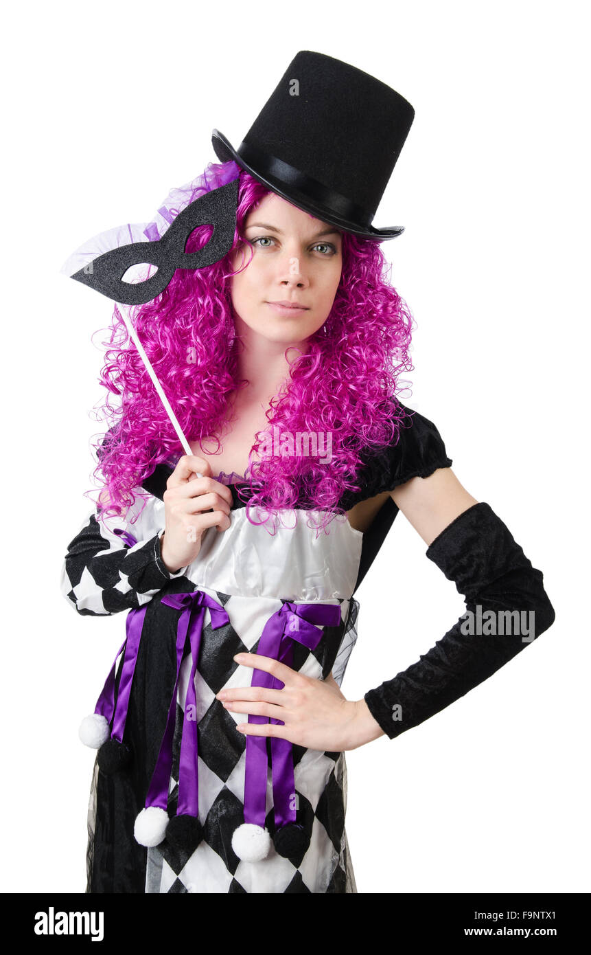 Pretty girl in jester costume isolated on white Stock Photo - Alamy
