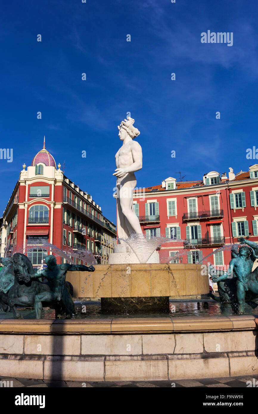 Fountain of the Sun with Apollo statue on Place Massena in Nice, France ...