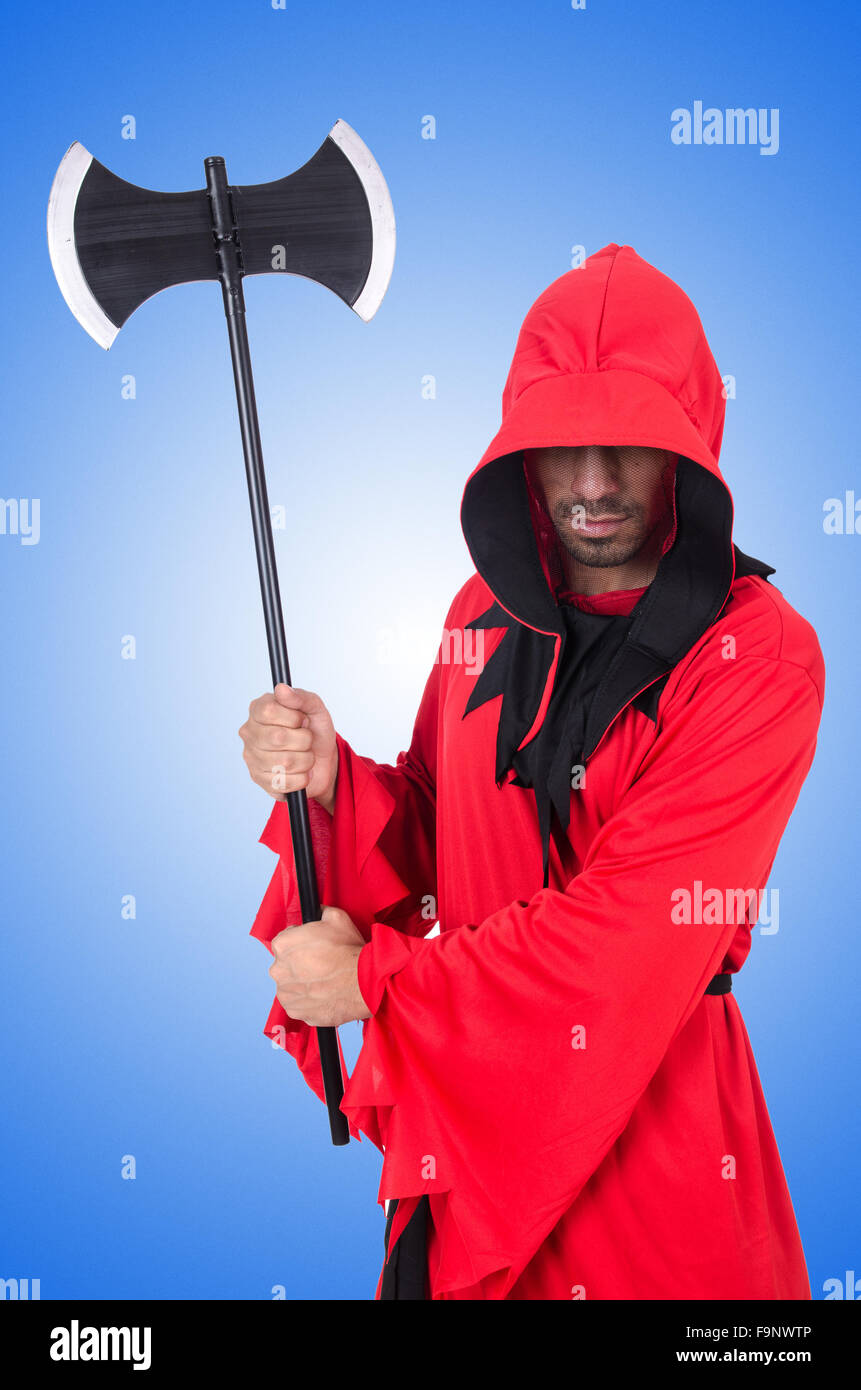 Executioner in red costume with axe on white Stock Photo - Alamy