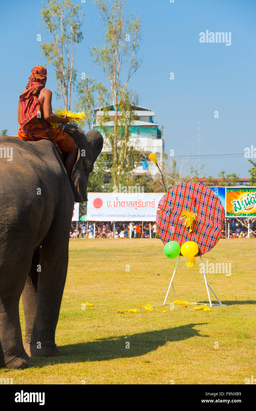 A trainer riding an elephant throwing darts mid-air at target, popping ...