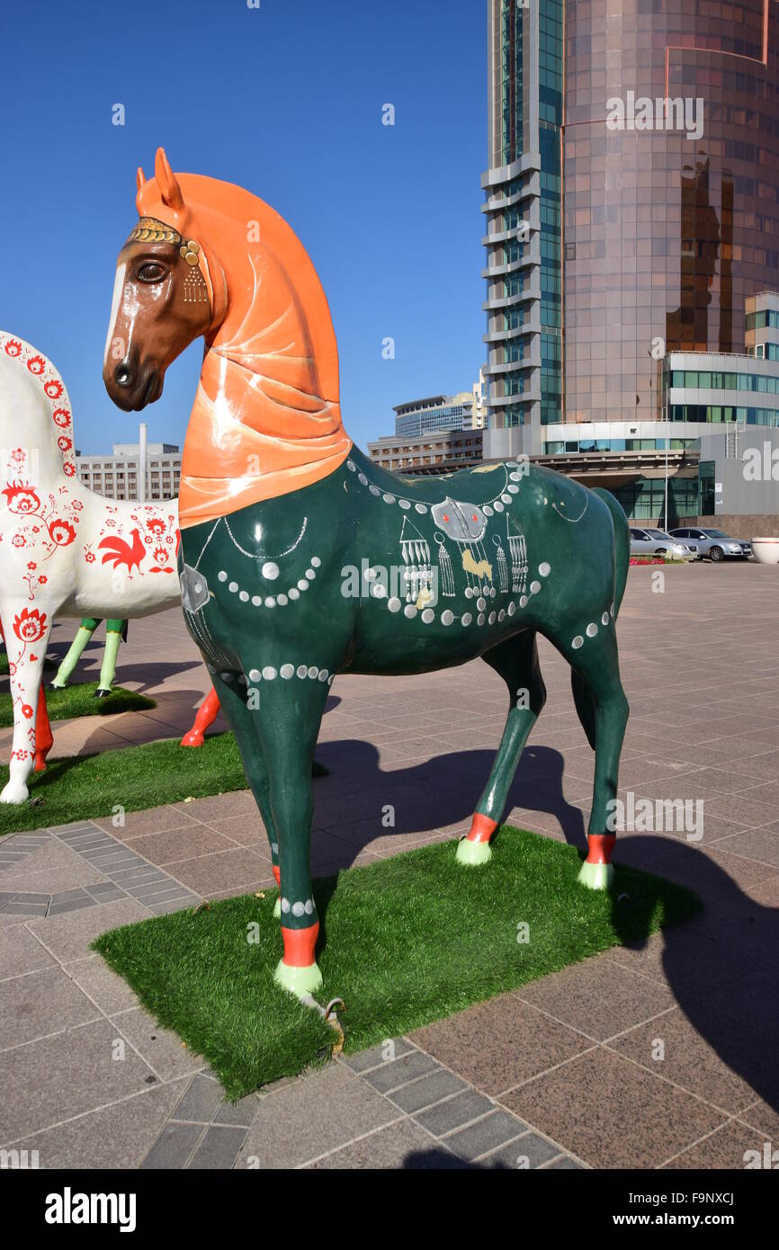 Colorful plastic statues of horses in Astana, Kazakhstan, displayed in ...