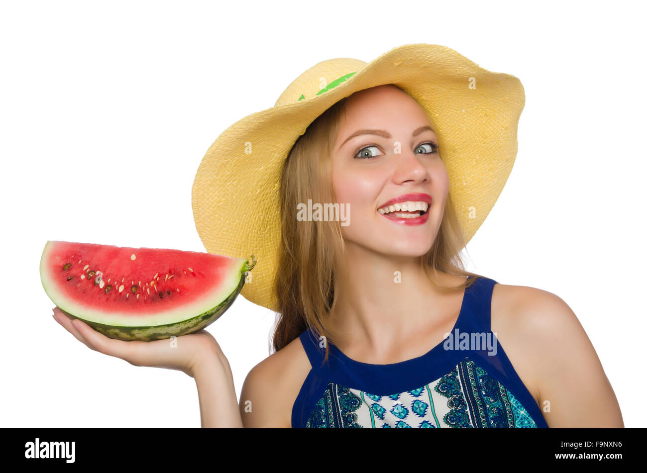 Woman with watermelon isolated on white Stock Photo - Alamy