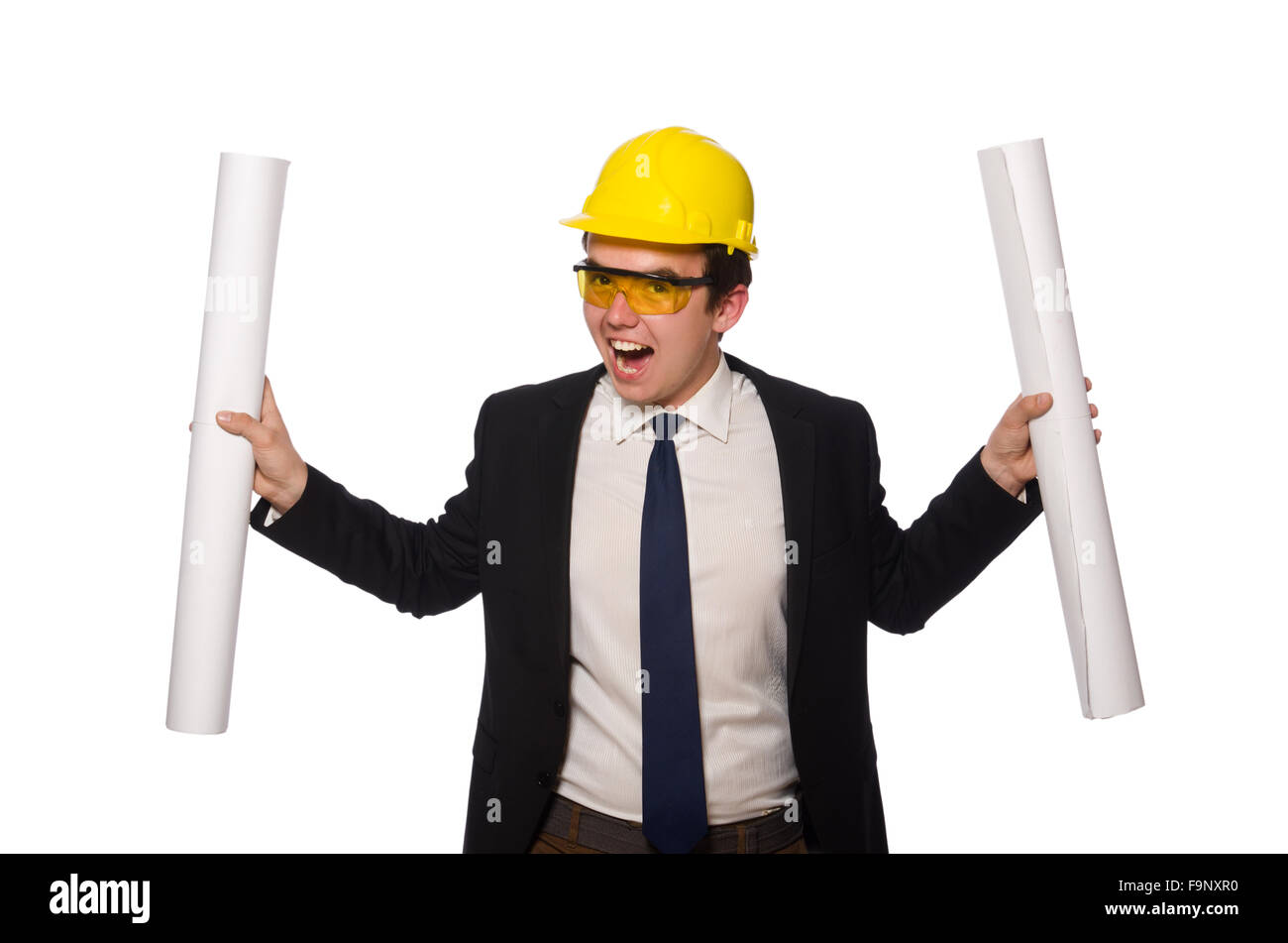 Funny architect with drawings on white Stock Photo - Alamy