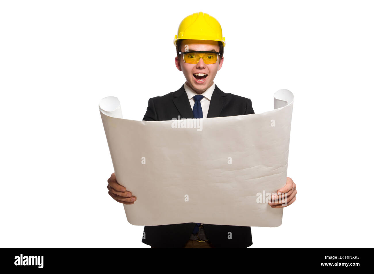 Funny architect with drawings on white Stock Photo - Alamy