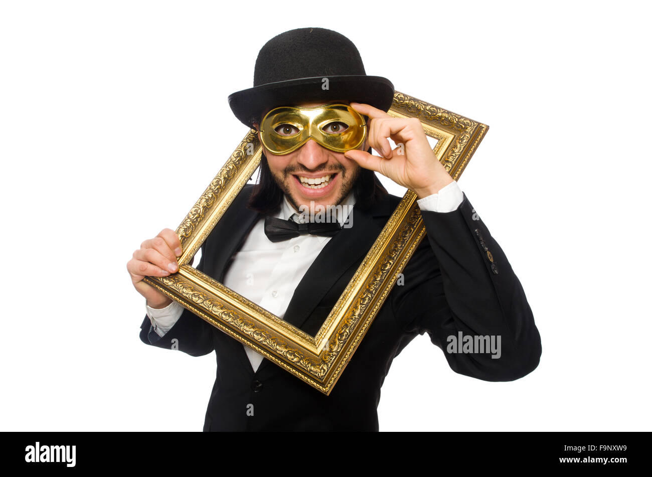 Funny man with picture frame on white Stock Photo - Alamy