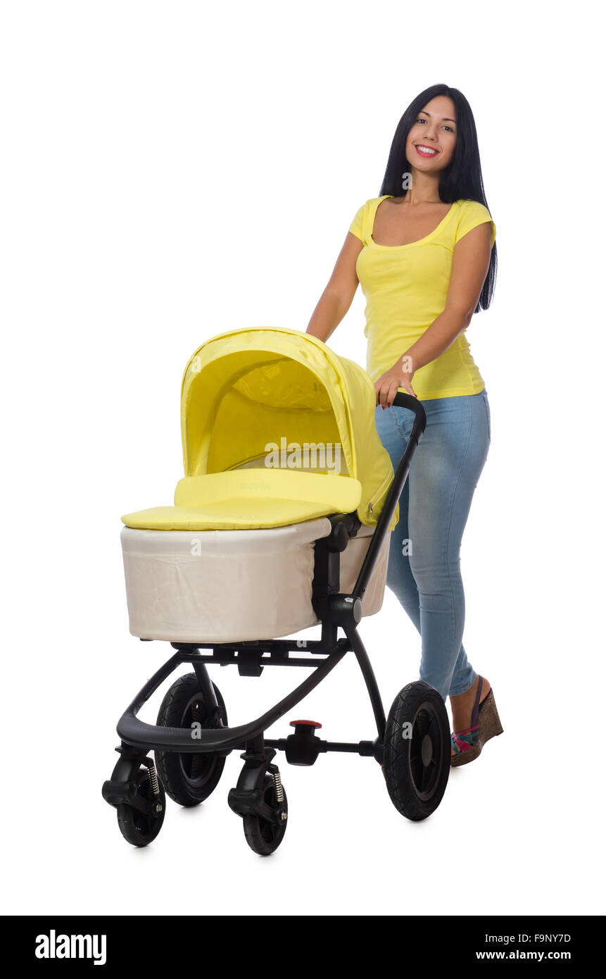 Woman with baby and pram isolated on white Stock Photo - Alamy