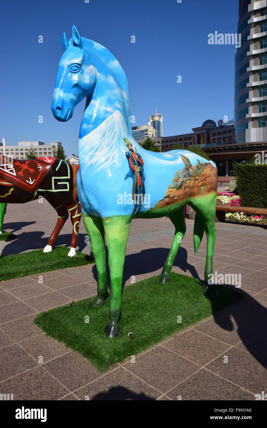 Colorful plastic statues of horses in Astana, Kazakhstan, displayed in ...