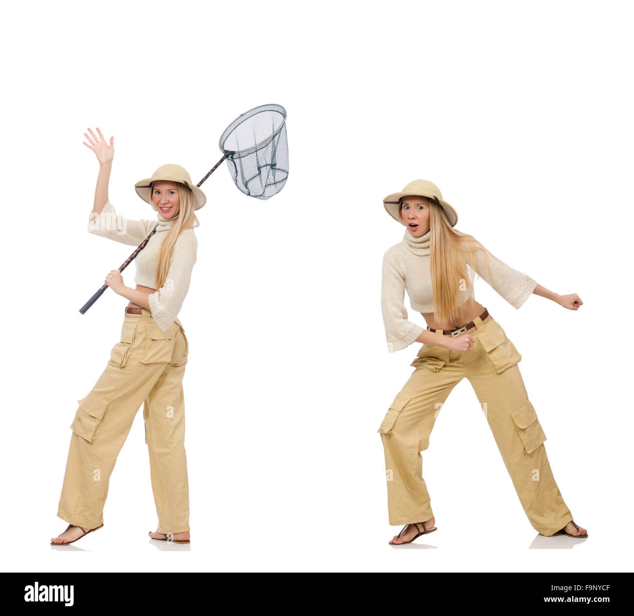 Woman with catching net on white Stock Photo - Alamy