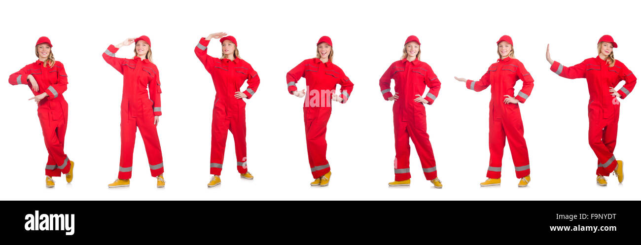 Woman in red overalls isolated on white Stock Photo - Alamy