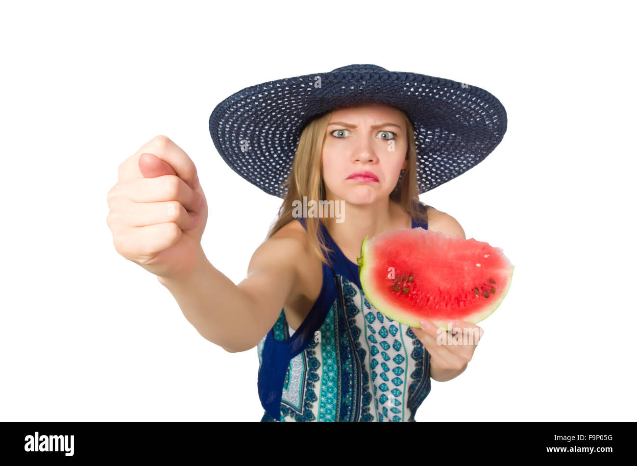 Woman with watermelon isolated on white Stock Photo - Alamy